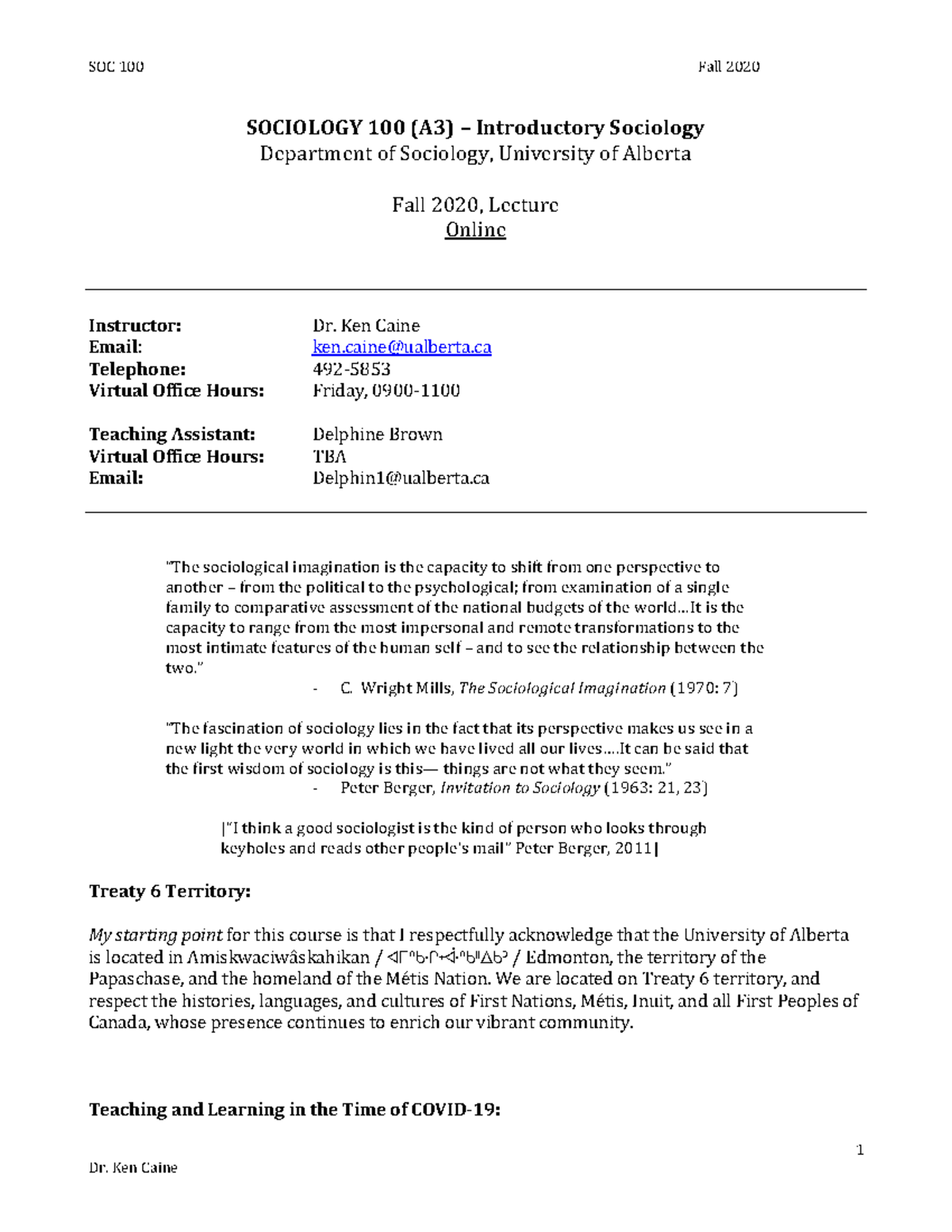 2020 Fall SOC 100 Lecture A3 - 1 SOCIOLOGY 100 (A3) – Introductory ...