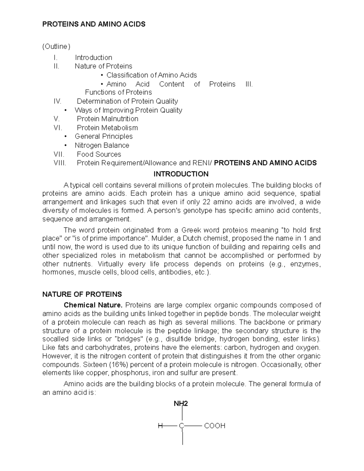 Proteins and Amino Acids - PROTEINS AND AMINO ACIDS (Outline) I ...