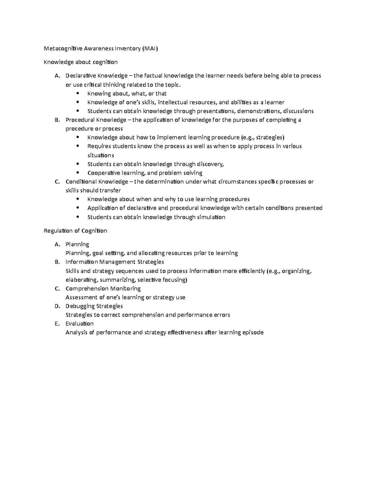 Metacognitive Awareness Inventory - Declarative Knowledge – the factual ...