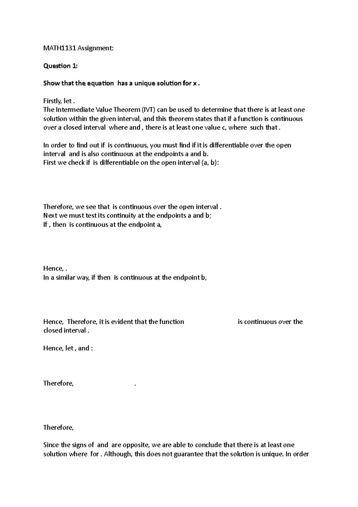 MATH1131 Assignment - MATH1131 Assignment: Question 1: Show that the equation has a unique ...