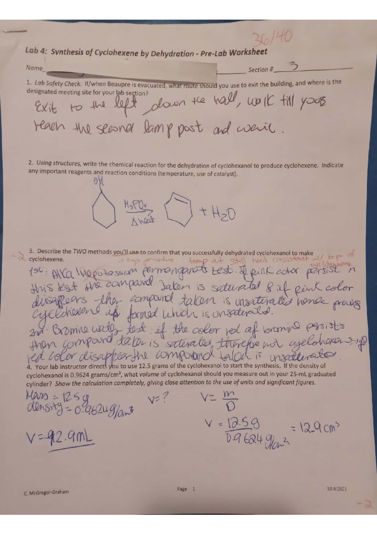 Chm 126 pre-lab 4 - Pre-lab work - Lab 4: Synthesis of Cyclohexene ...