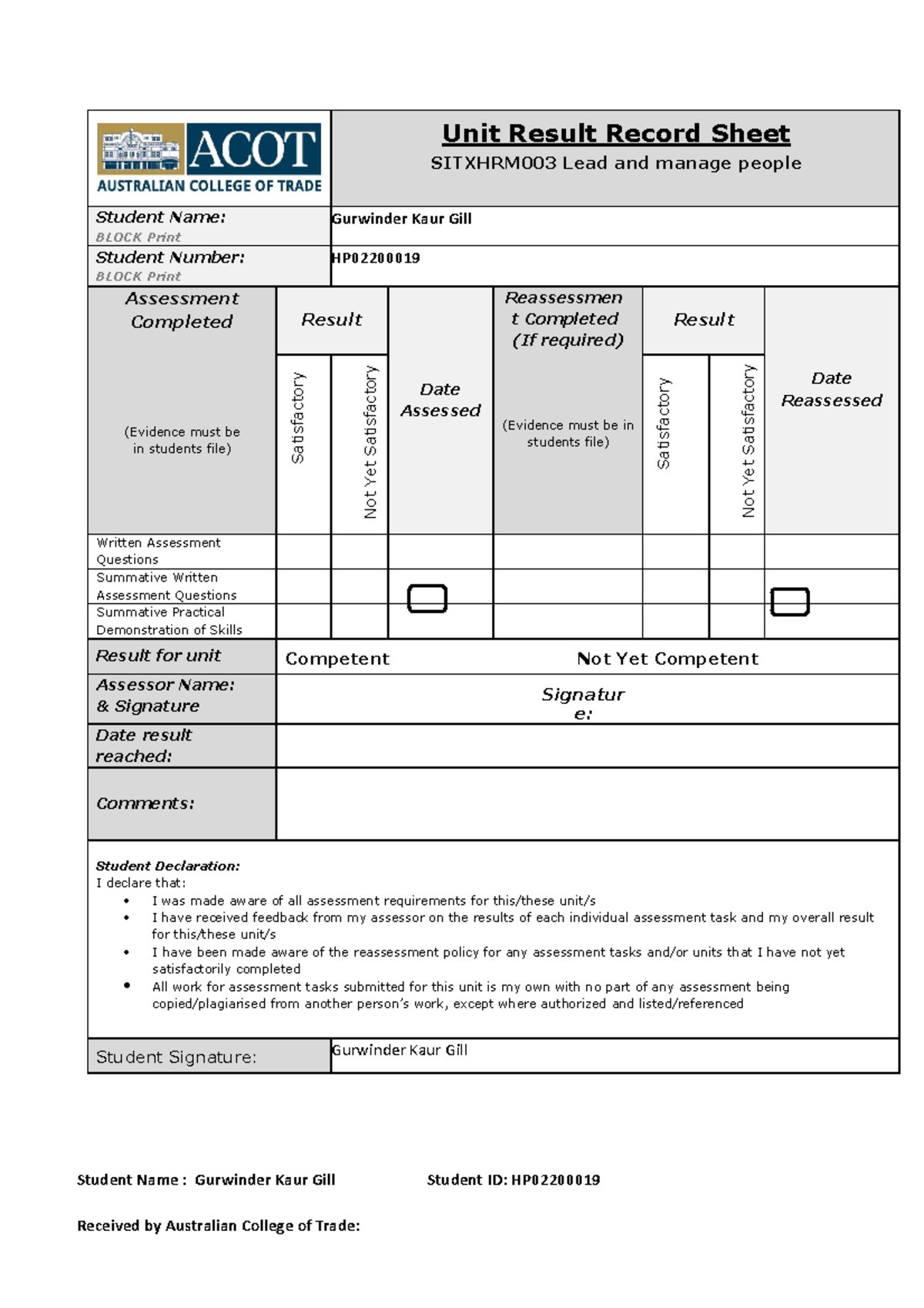 Sitxhrm 003 - Unit Result Record Sheet SITXHRM003 Lead and manage ...