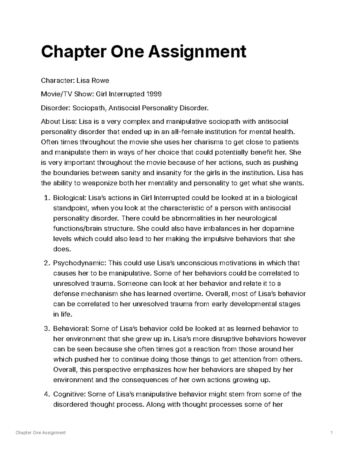 Chp 1. Psych Assignment - Chapter One Assignment 1 Chapter One Assignment Character: Lisa Rowe ...