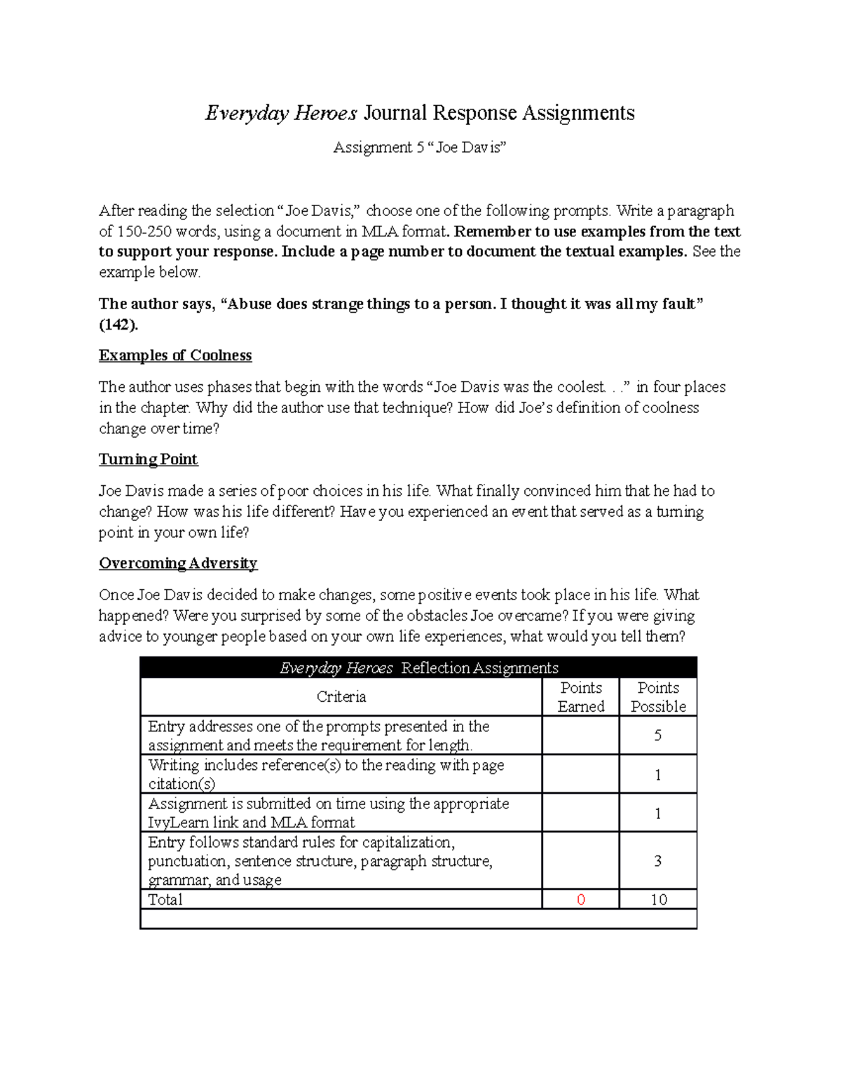 Assignment 5 Joe Davis - Everyday Heroes Journal Response Assignments ...