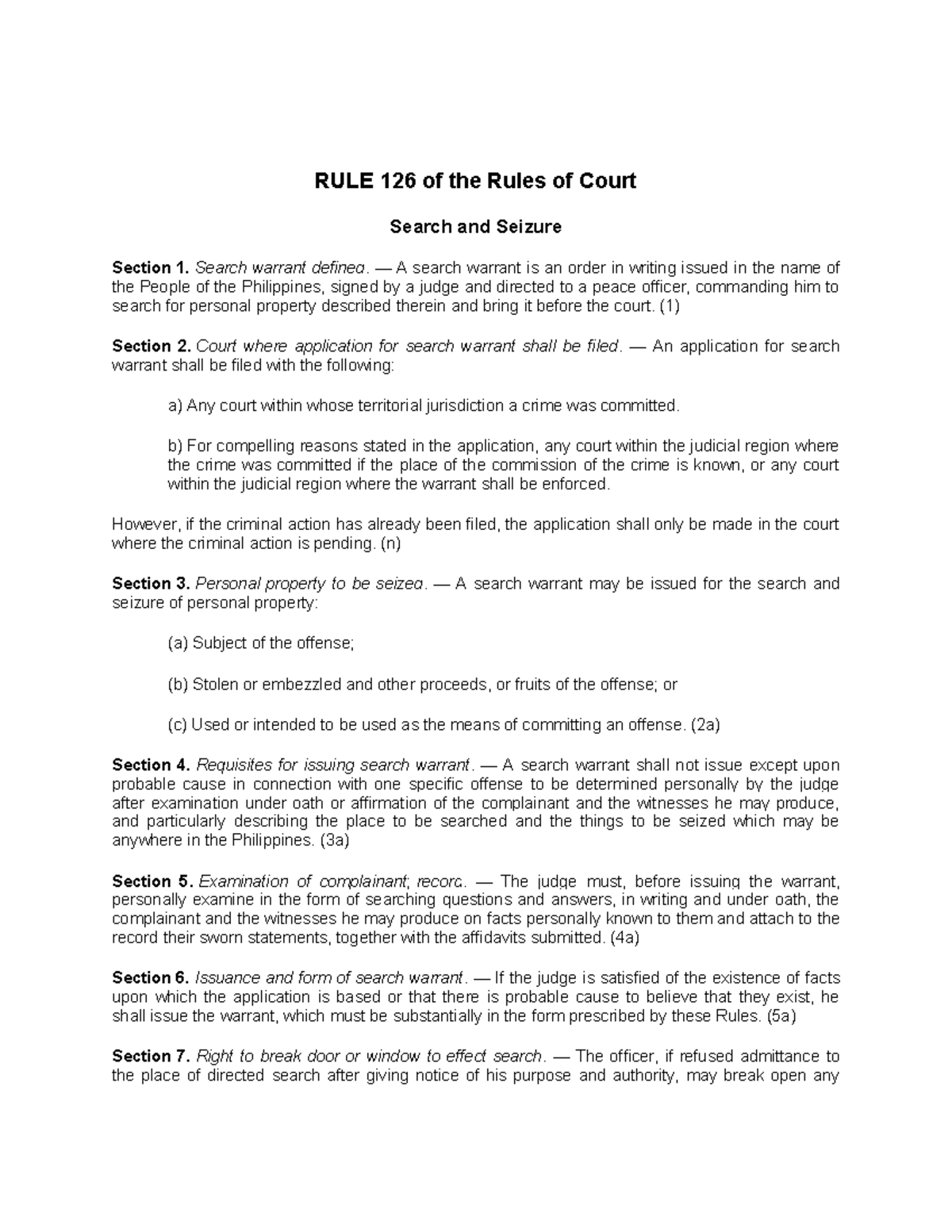 4 - N/A - RULE 126 of the Rules of Court Search and Seizure Section 1 ...