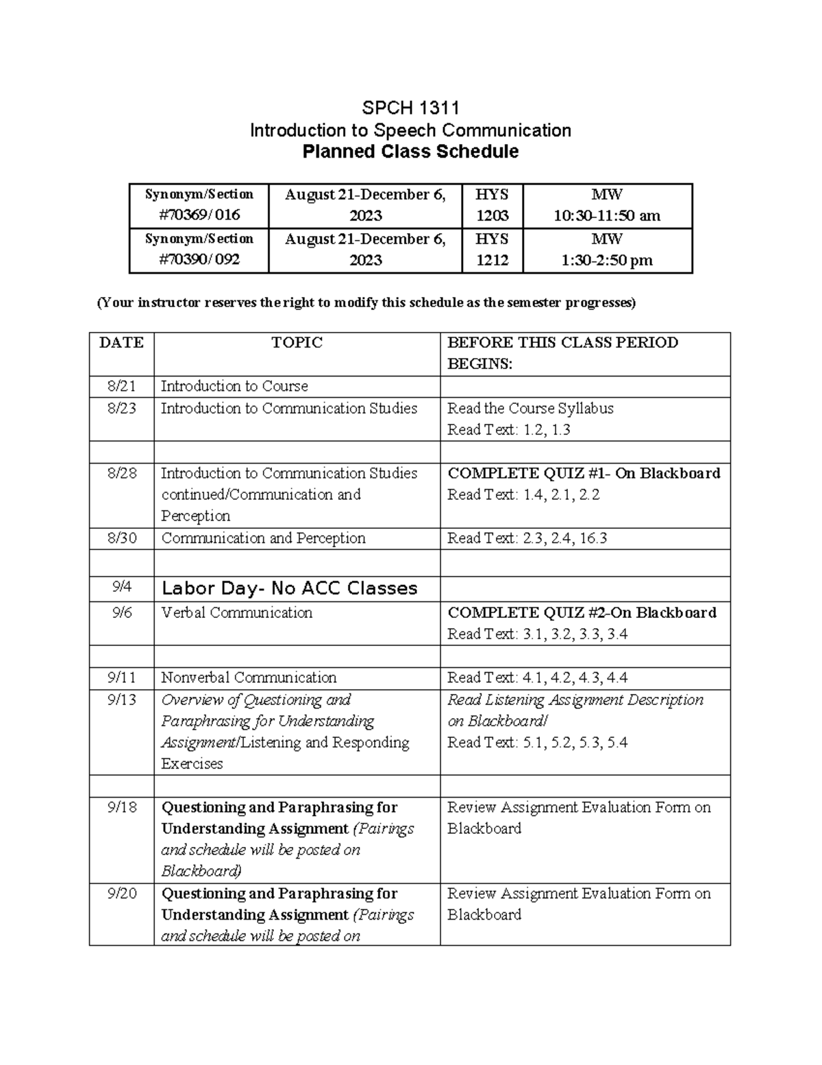 1311 HYS MW Planned Schedule Fall 2023 - SPCH 1311 Introduction to ...