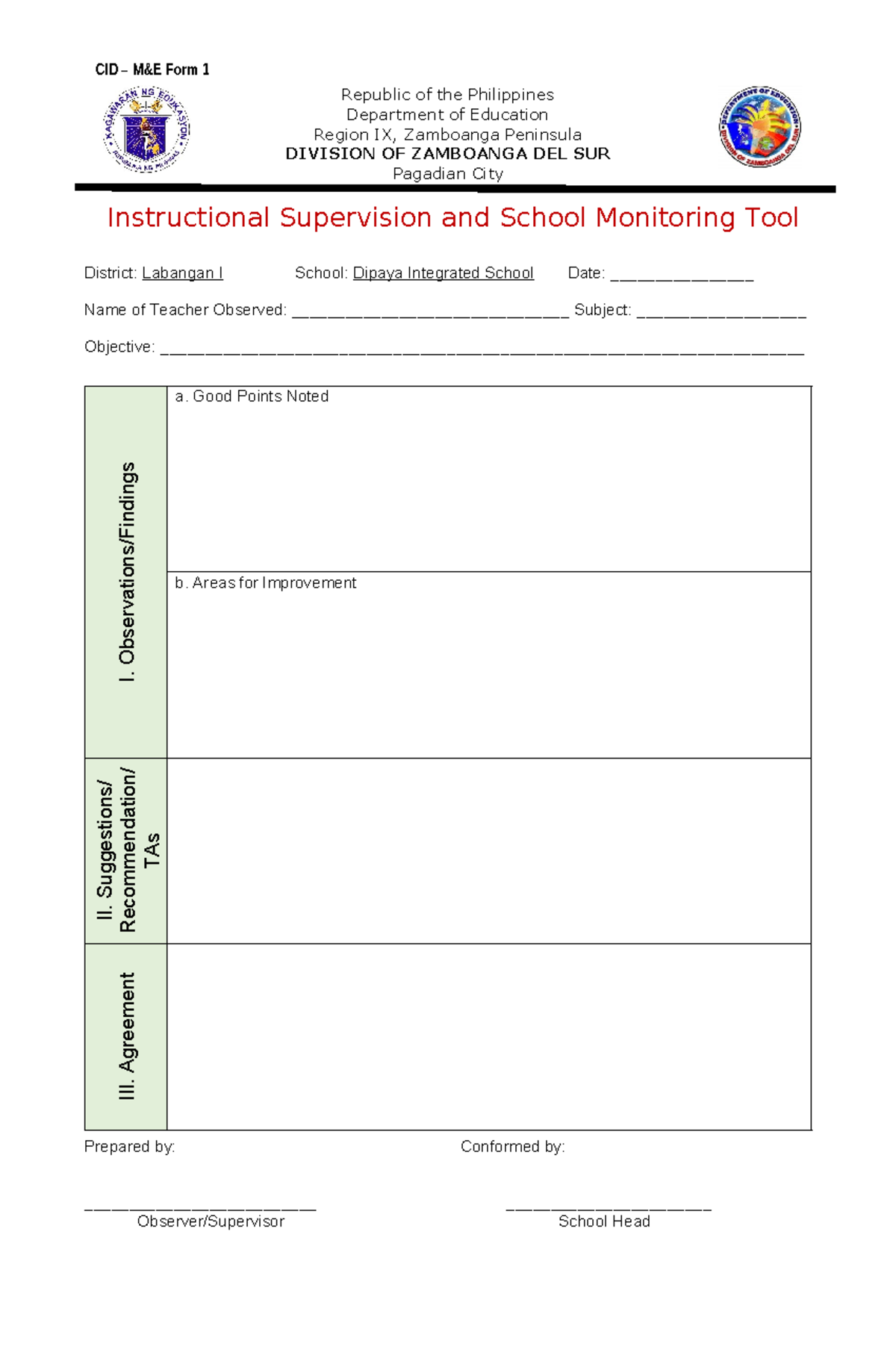 443787194 CID Form 1 Monthly Instructional Supervision and School ...