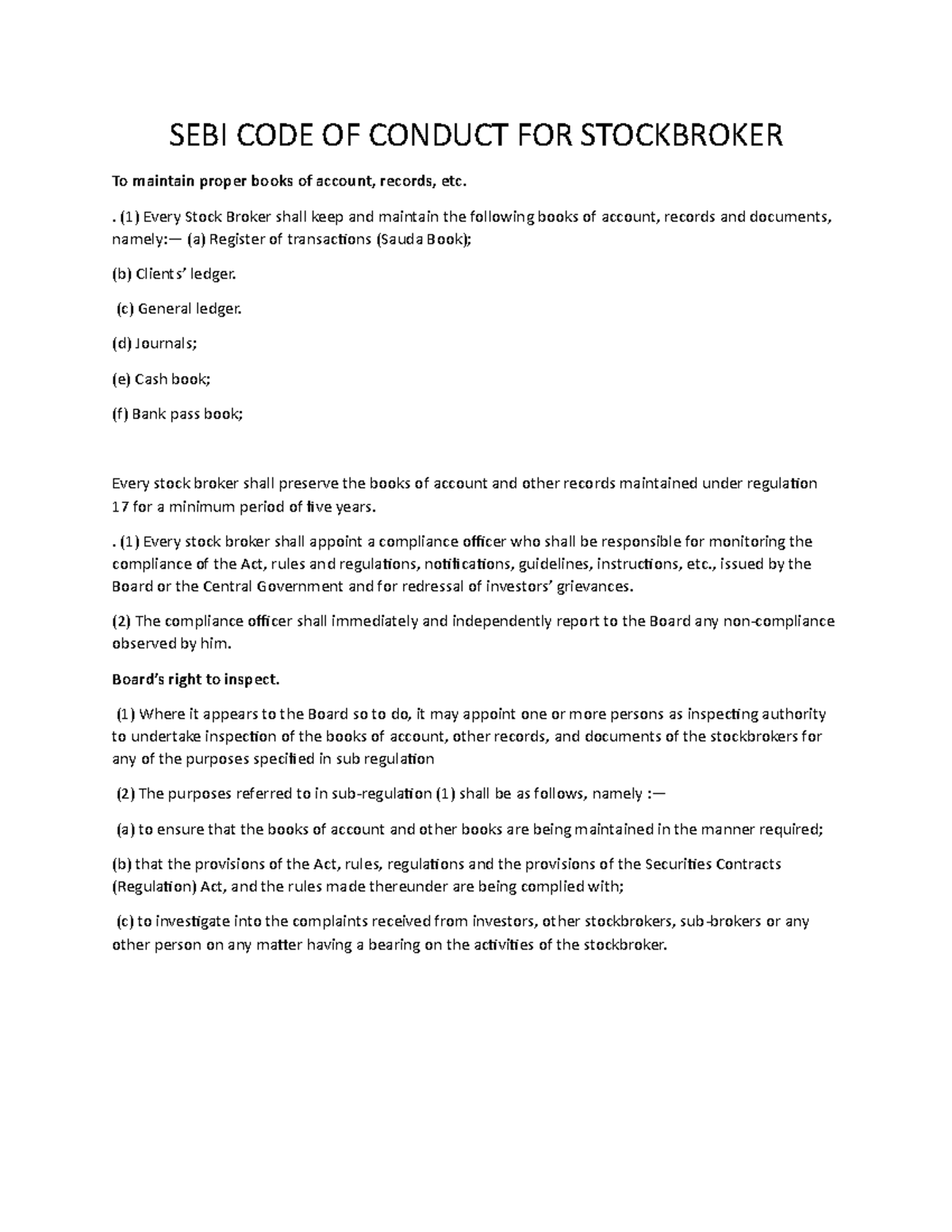 SEBI CODE OF Conduct FOR Stockbroker - SEBI CODE OF CONDUCT FOR ...