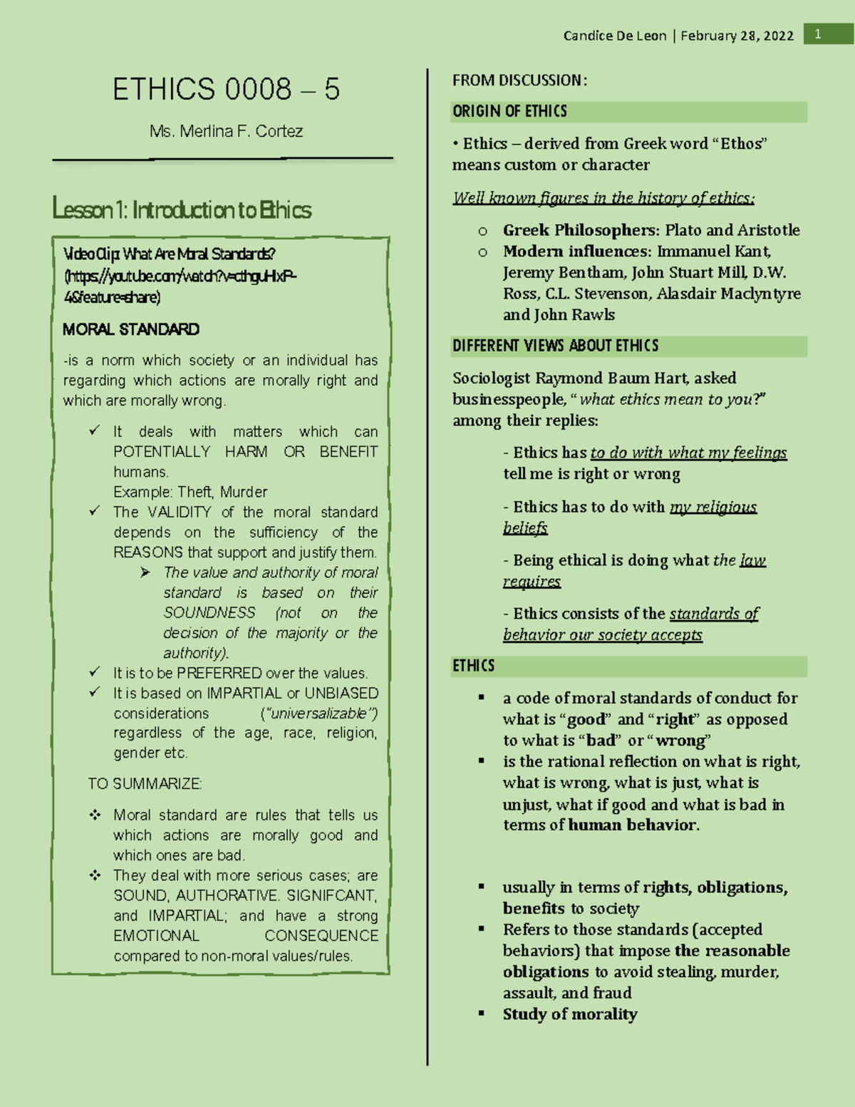 Ethics 0008-5 Chapter 1 lesson 1 Lecture Notes 1 - Studocu