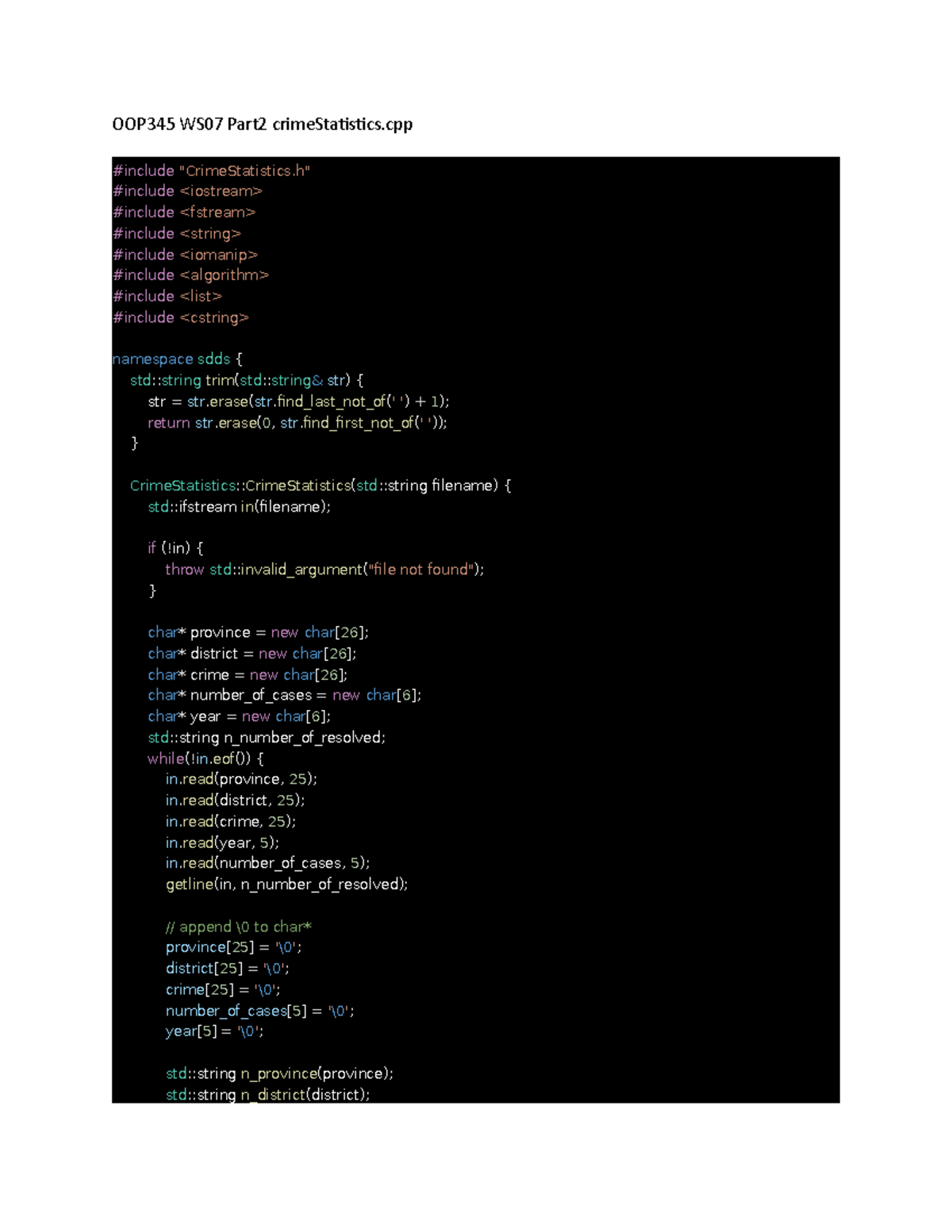 OOP345 WS07 Part2 crime Statistics cpp - OOP345 WS07 Part2 crimeStatistics #include - Studocu