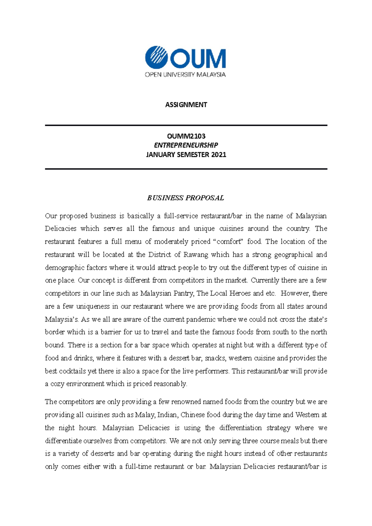 Entrepreneurship Assignment on Management Learning - ASSIGNMENT OUMM ...