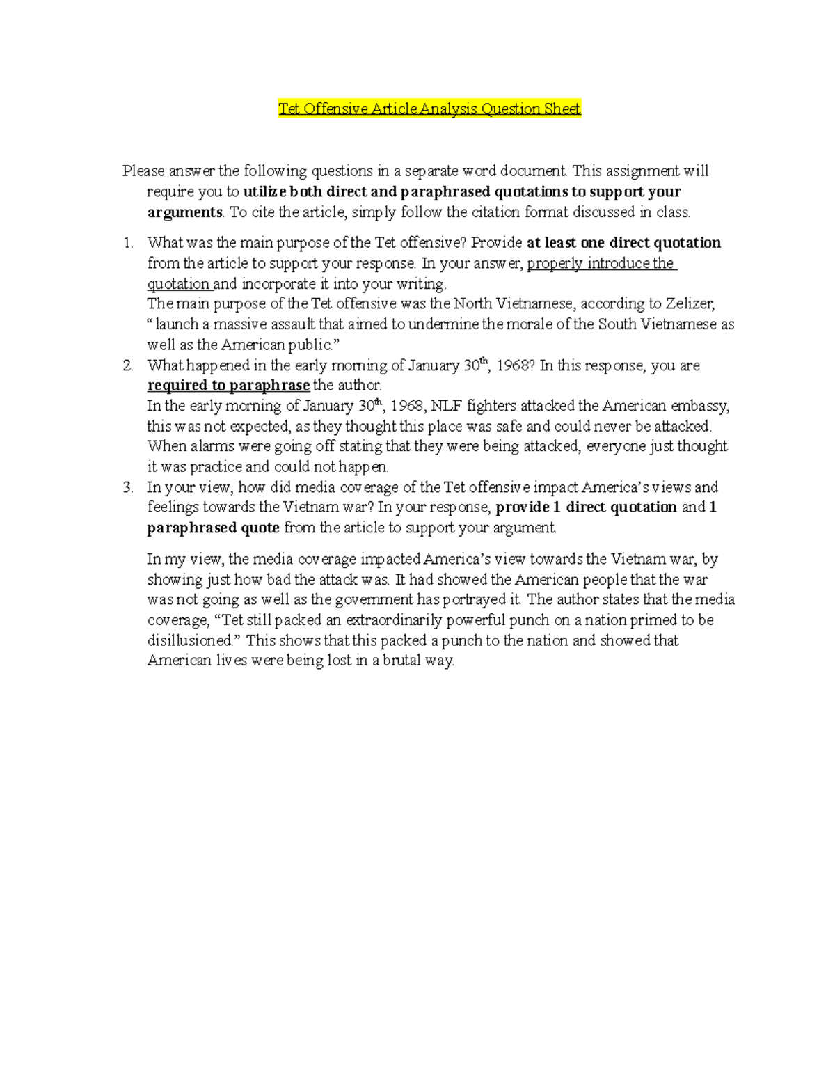 Vietnam War (work) - Lecture notes 1-3 - Tet Offensive Article Analysis ...