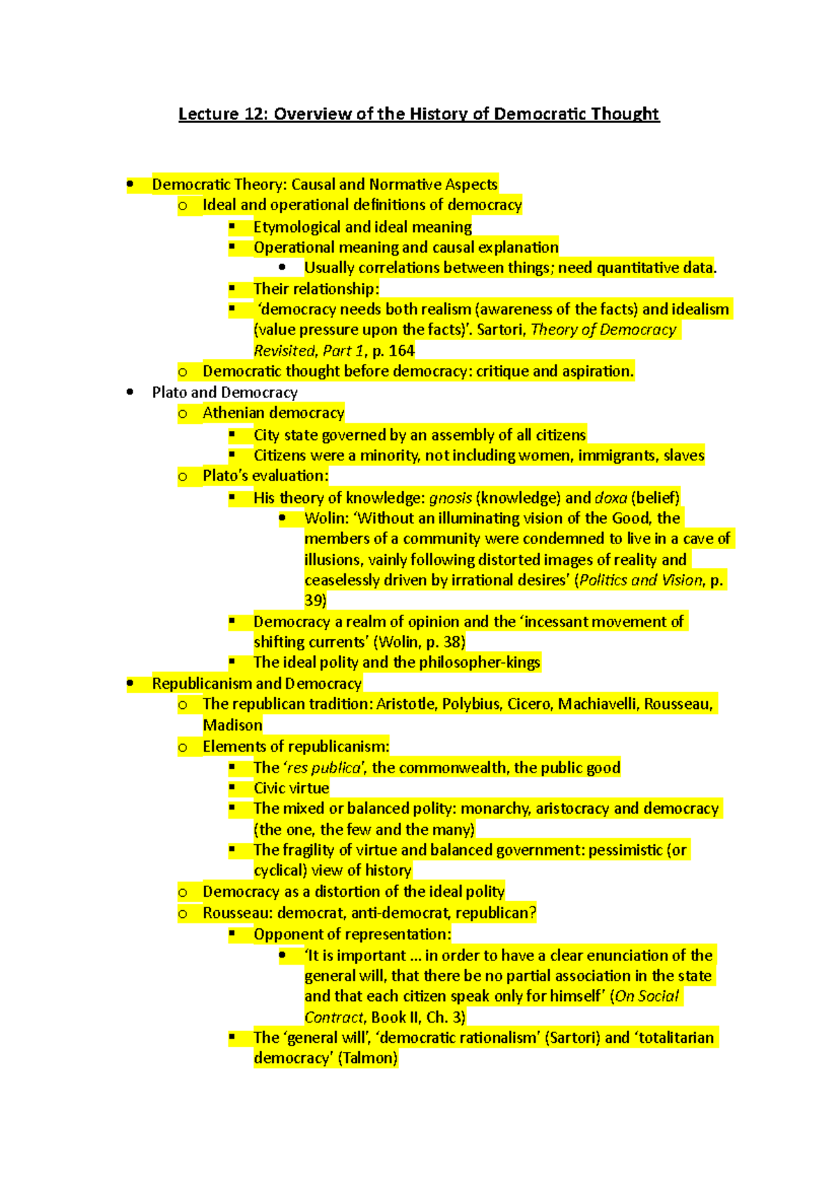 Lecture 12- Overview of the History of Democratic Thought - Lecture 12 ...