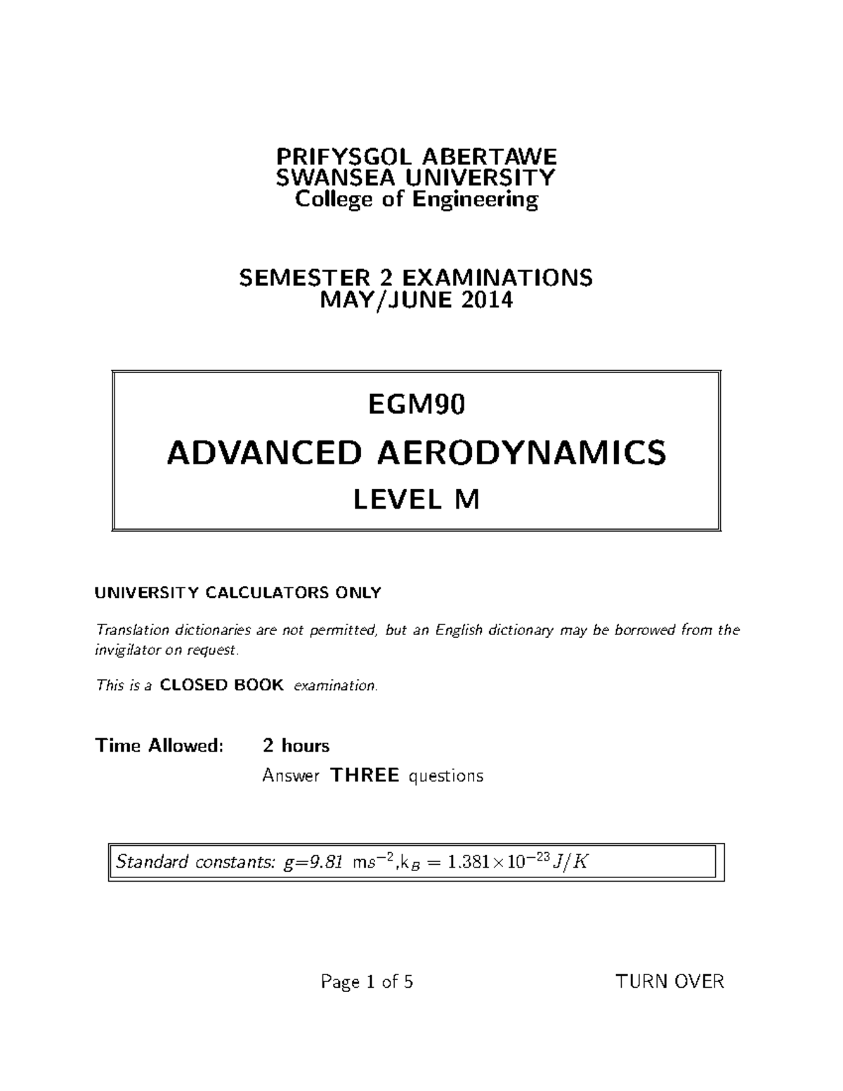 EGM90 Advanced Aerodynamics formula sheet - PRIFYSGOL ABERTAWE SWANSEA ...
