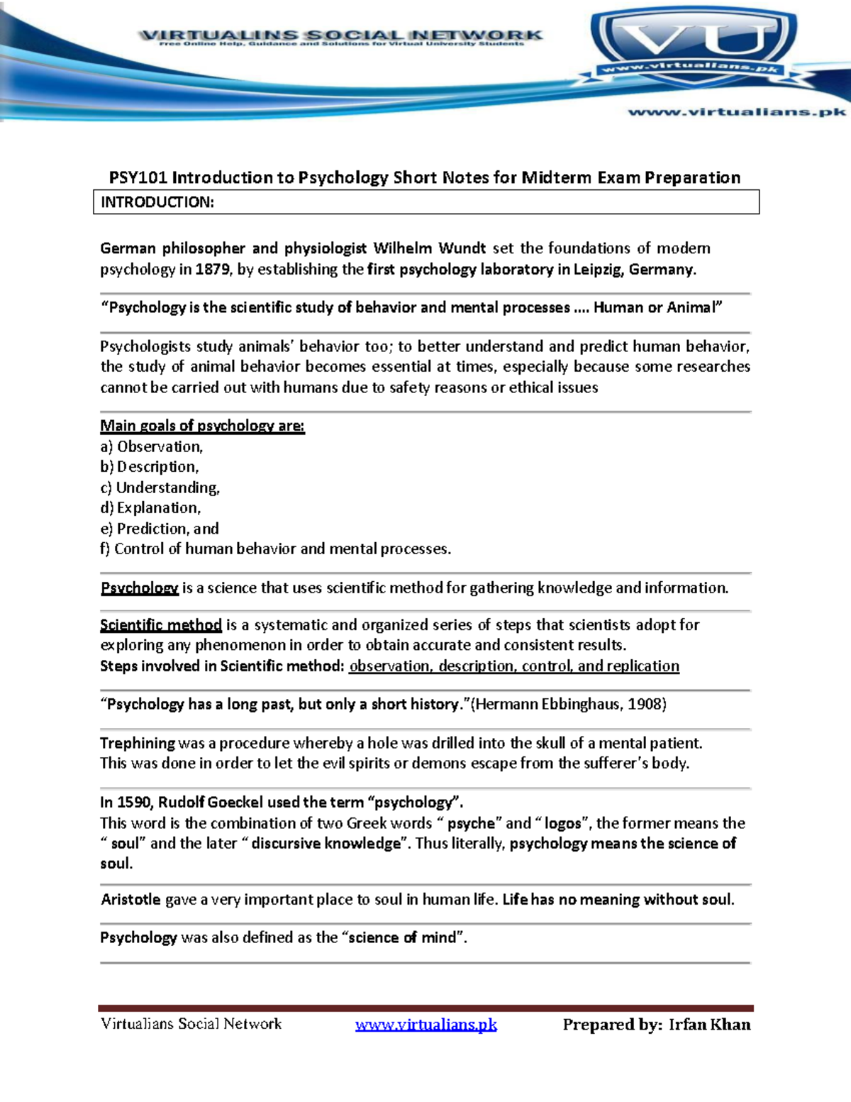 PSY101 Short Notes for Midterm Exam Preparation - PSY101 Introduction ...