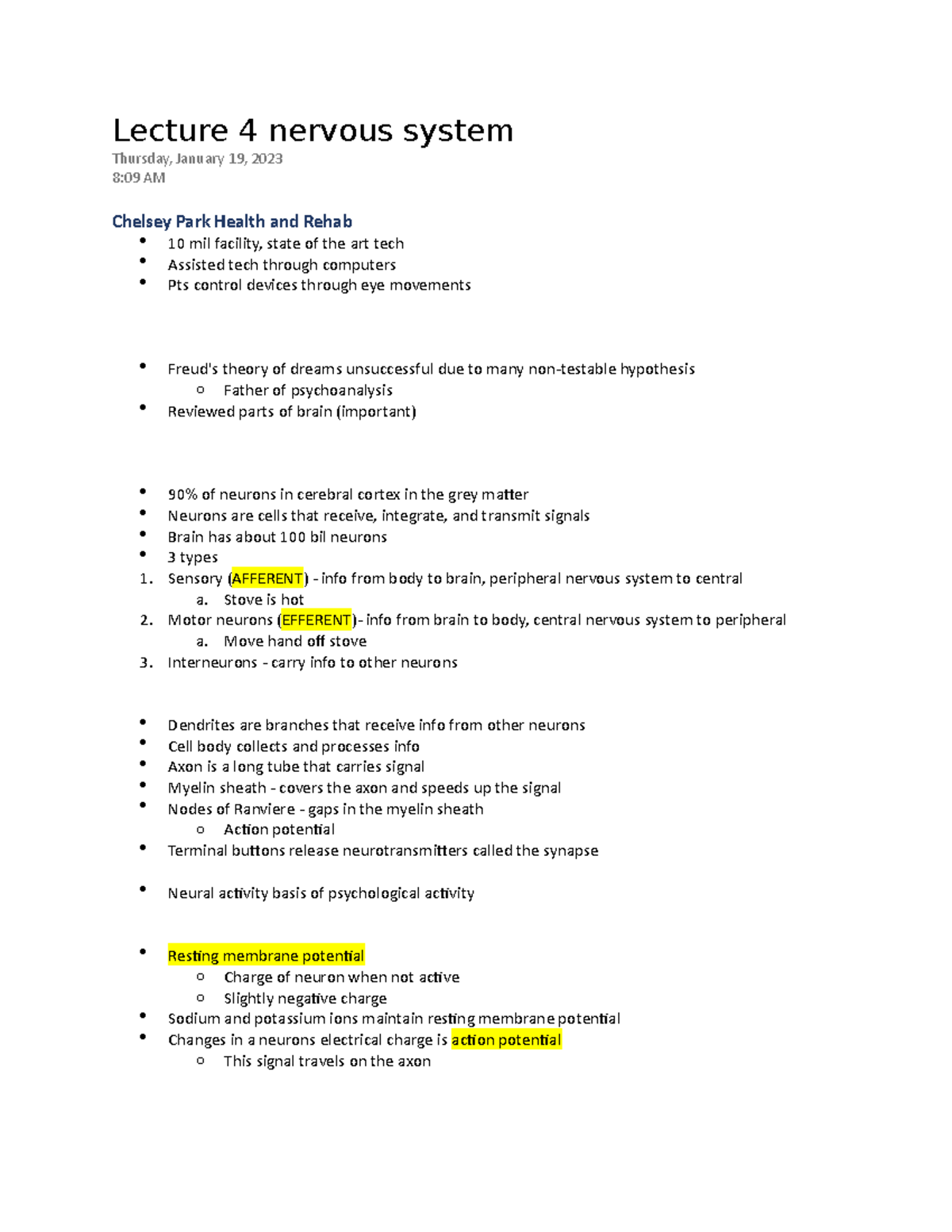 Nervous system - Professor McMillon - Lecture 4 nervous system Thursday ...