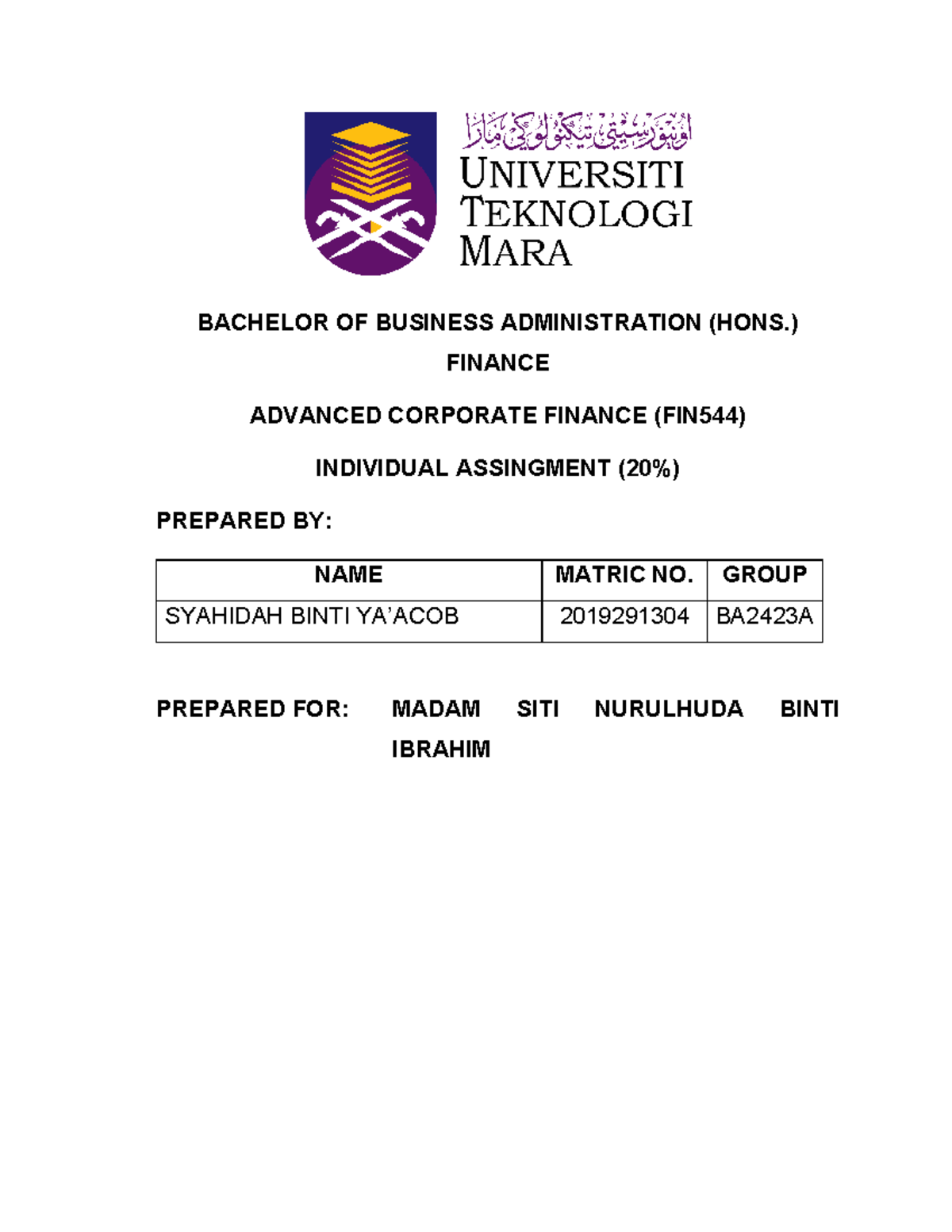 FIN544 Individual Assignment - Syahidah binti Ya'acob BA2423A ...