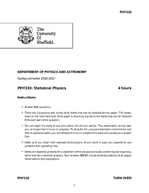 PHY340 20-21 - Past Paper - PHY 1 PHY340 TURN OVER Data Provided: A formula sheet and table of ...