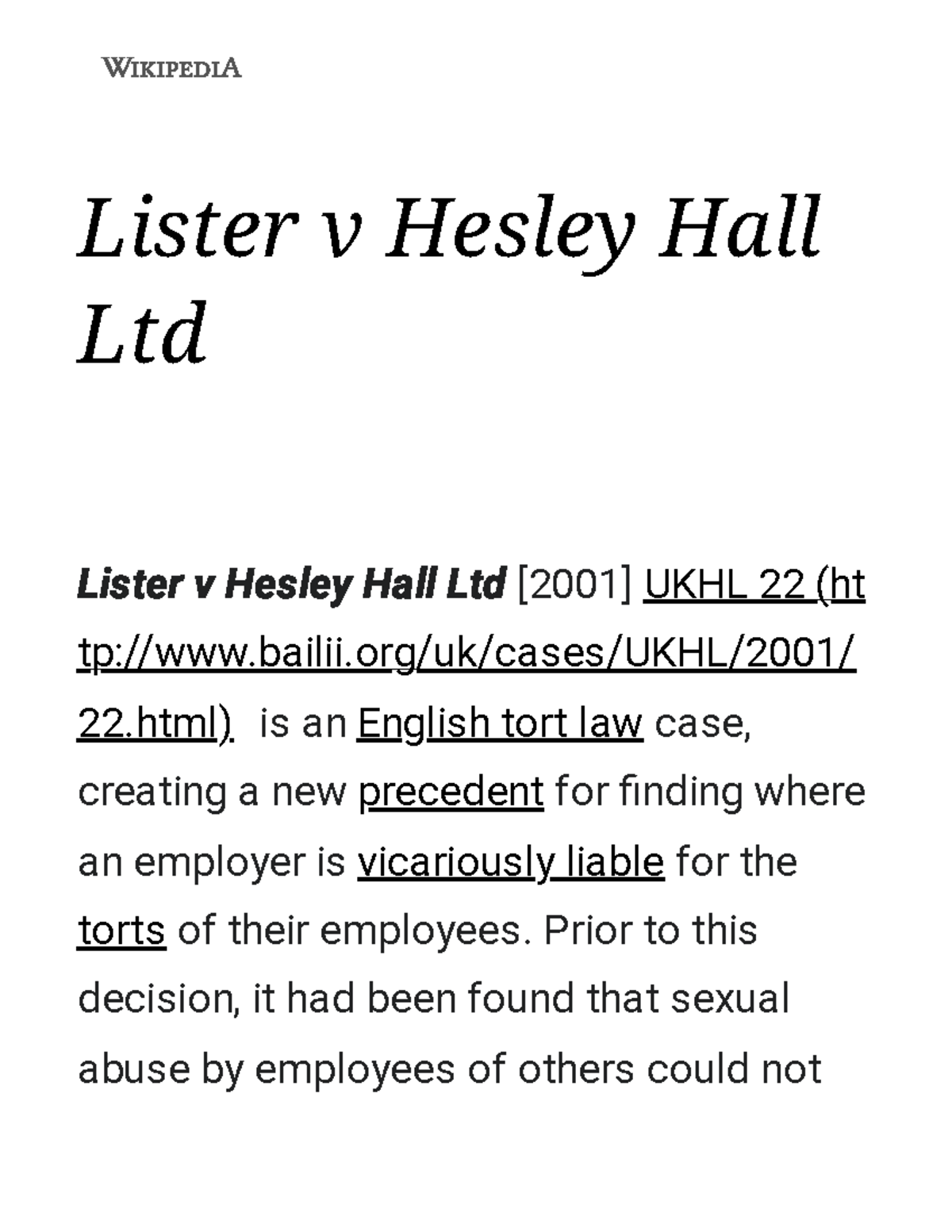 Lister v Hesley Hall Ltd - Wikipedia - Lister v Hesley Hall Ltd Lister ...