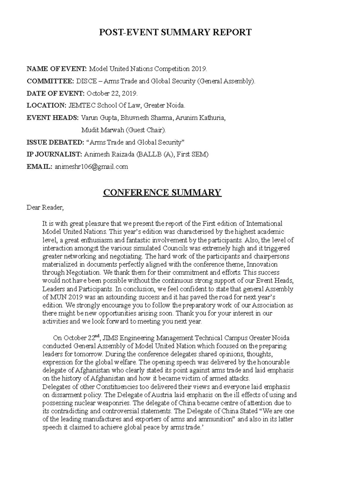 Report MUN - Didi disiddb rdidisjsk - POST-EVENT SUMMARY REPORT NAME OF ...