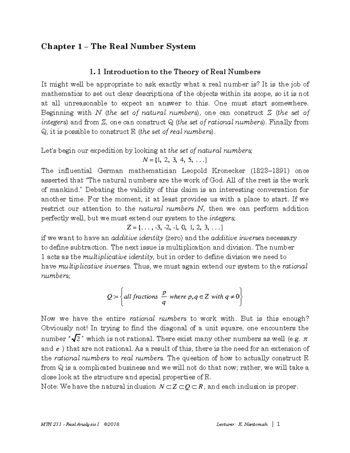 MTH 211 - Real Analysis I ( Combined) - Chapter 1 – The Real Number ...