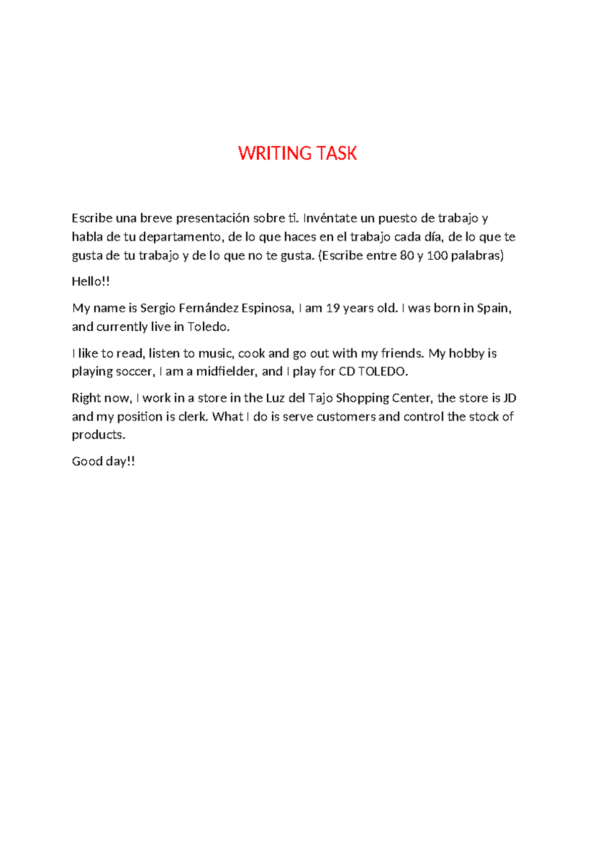 Fernandez Espinosa Sergio ING01 Writing Task - WRITING TASK Escribe una breve presentación sobre ...