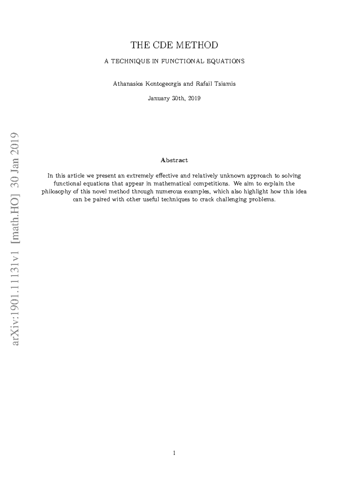 1901 Functional Equations Arxiv 1901 [math] 30 Jan 2019 The Cde