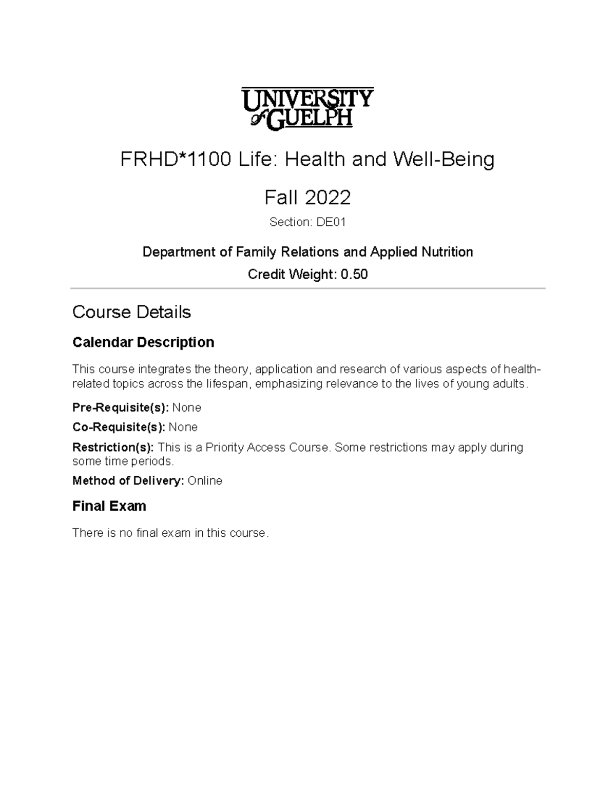 Course Outline FRHD - FRHD*1100 Life: Health and Well-Being Fall 2022 ...