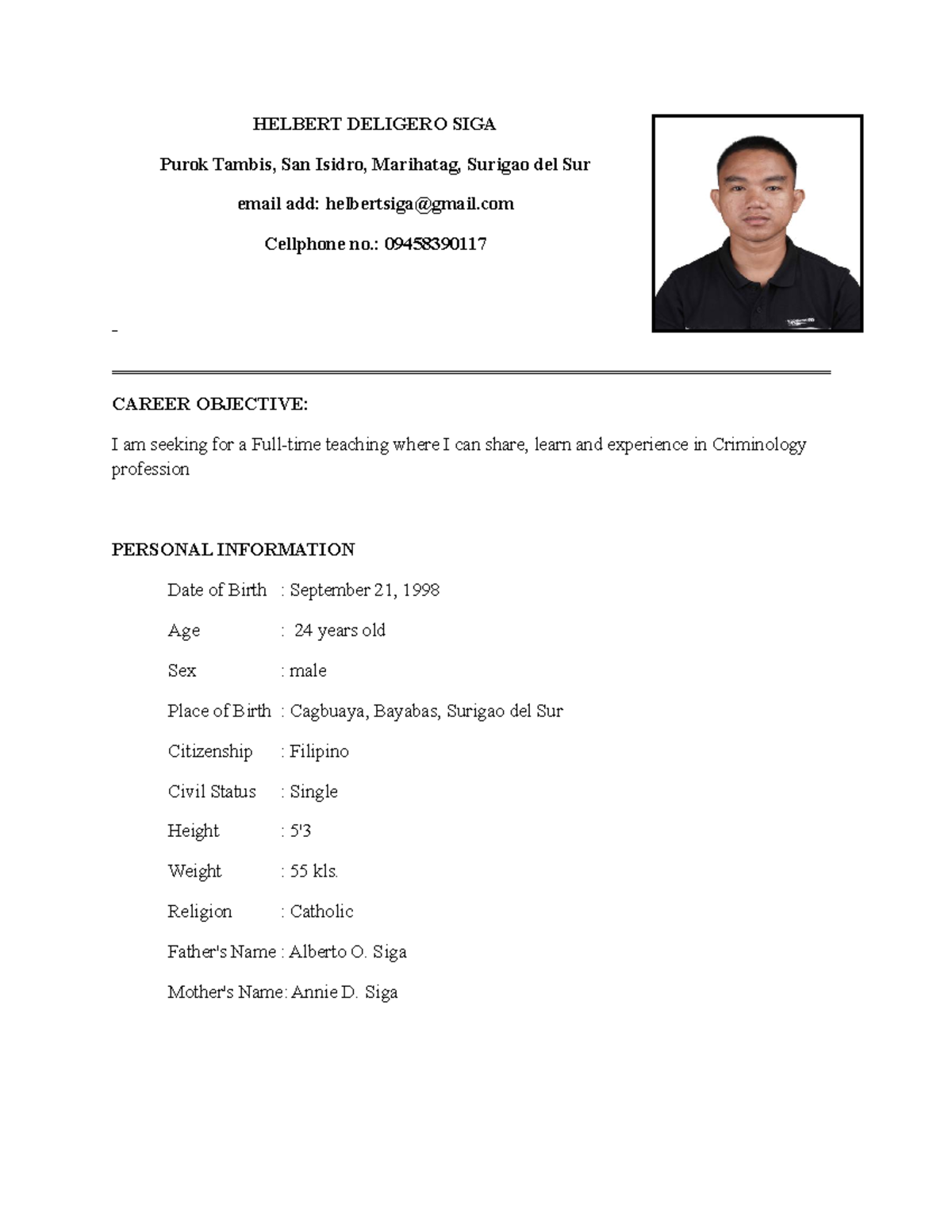 Application For Bfp Helbert Deligero Siga Purok Tambis San Isidro