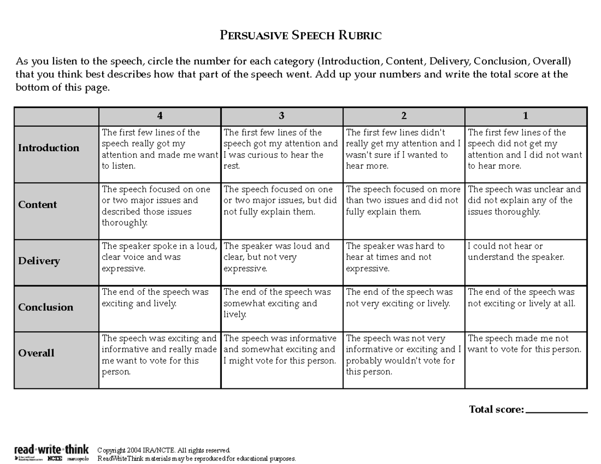Rubric 1 - None - PERSUASIVESPEECHRUBRIC 4 3 2 1 Introduction The first ...