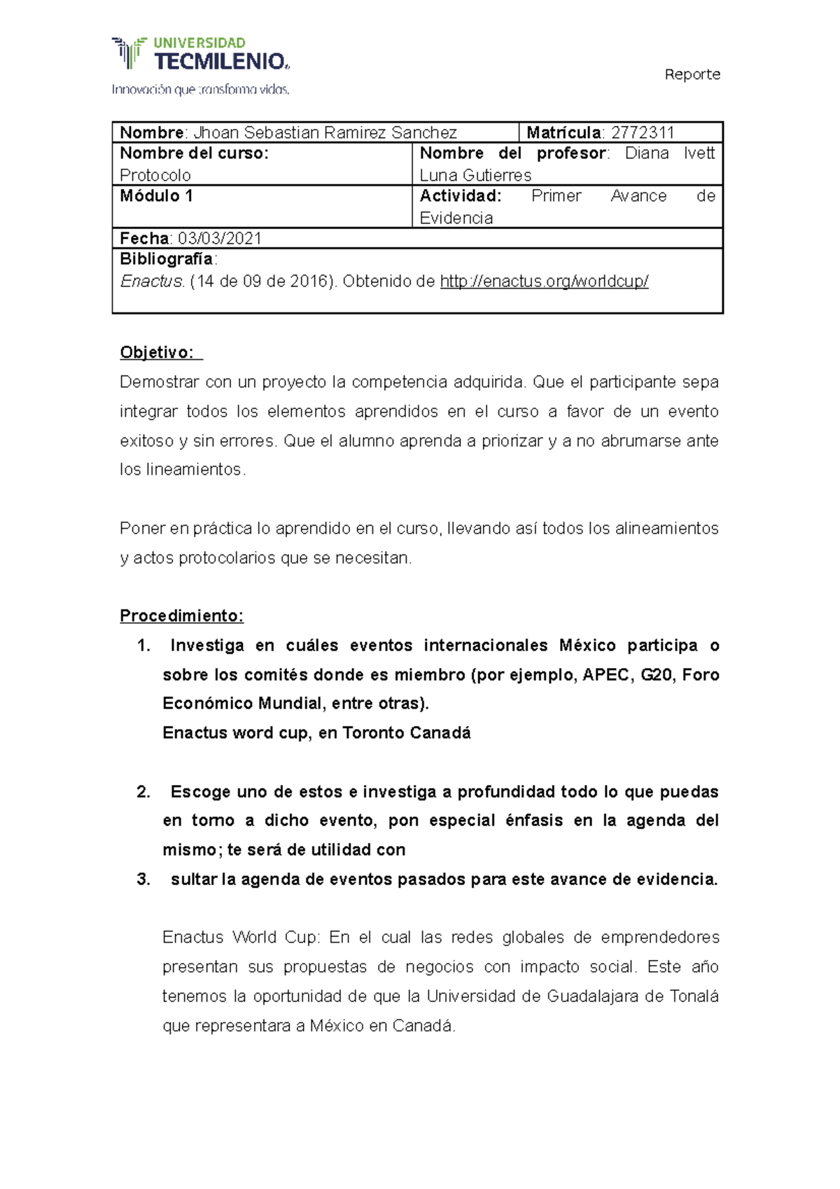 Avance 1 Protocolo y etiqueta de Canvas tecmilenio - Nombre : Jhoan ...