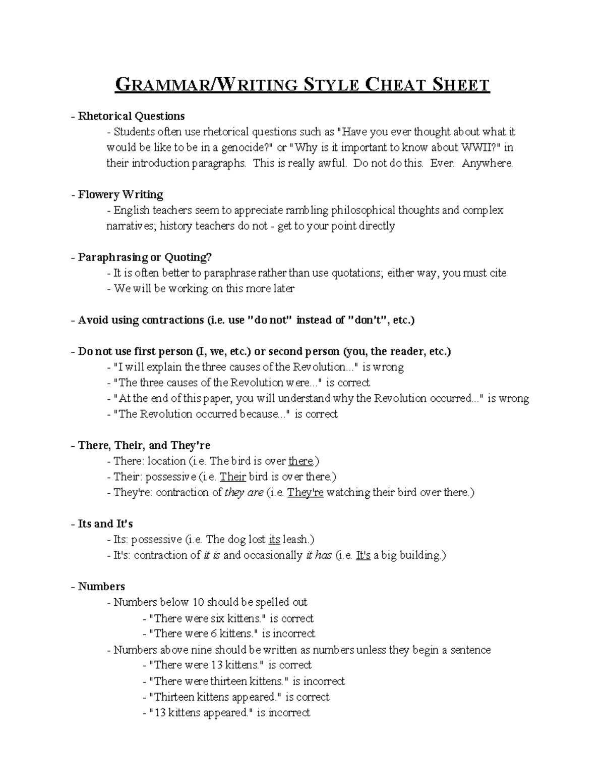 MWH Grammar Cheat Sheet - GRAMMAR/WRITING STYLE CHEAT SHEET ...