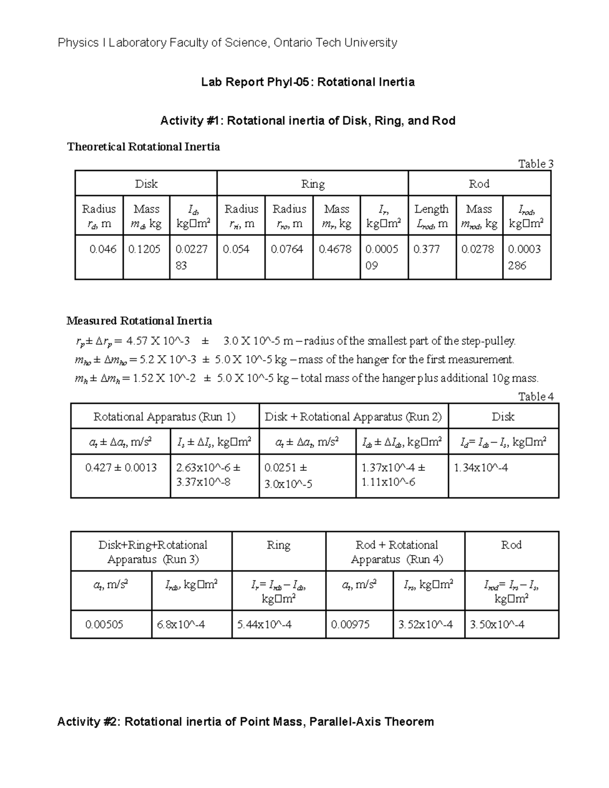 LAB 5 Rotational Inertia Lab - Physics I Laboratory Faculty of Science ...
