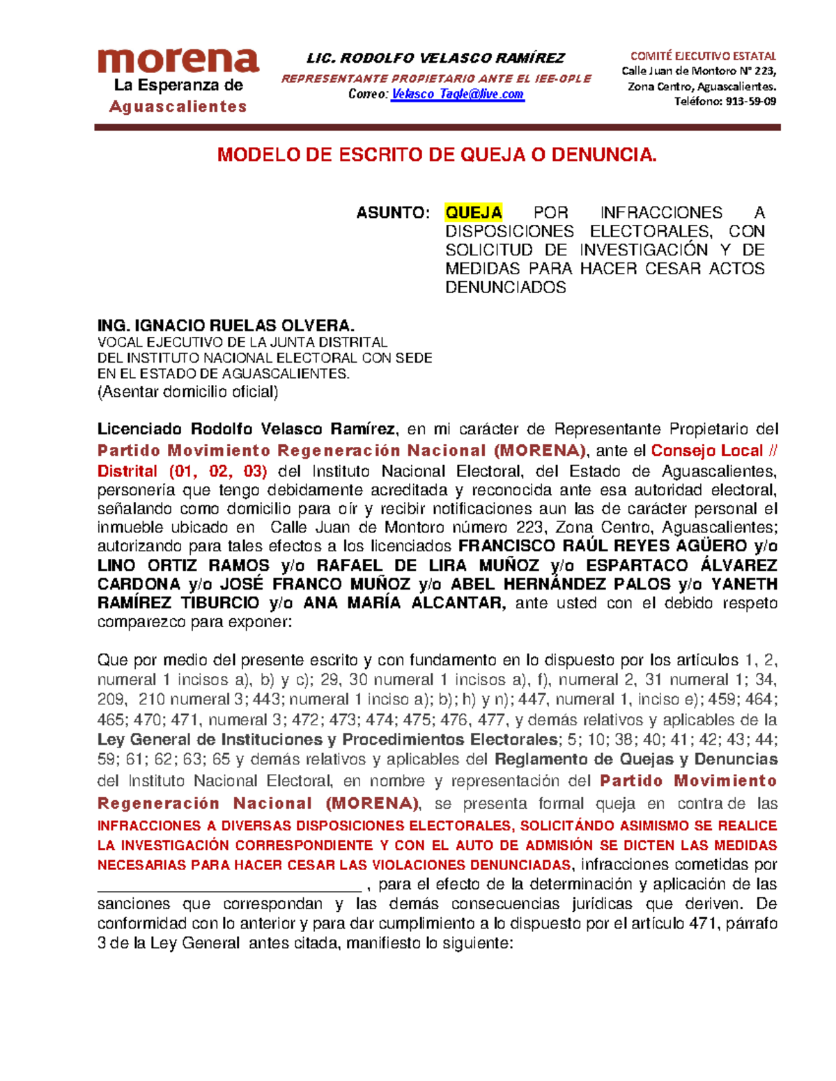 Modelos DE Queja, Contestación Y RR 01- Abril-2018 - La Esperanza de ...