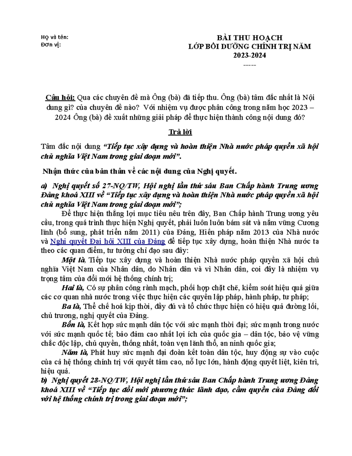 Bai thu hoach chinh tri he 2024 - H ọ và tên: Đ ơn v ị: BÀI THU HOẠCH ...