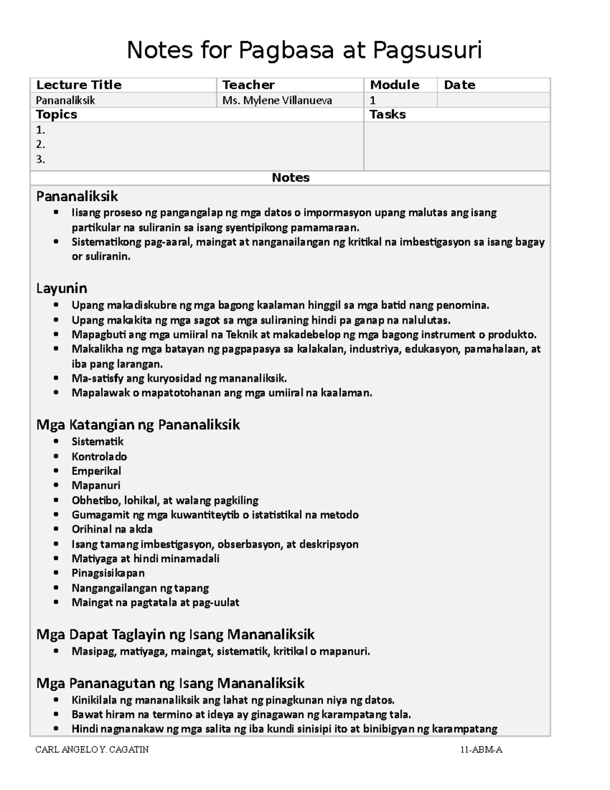 FIL 1st-CPE- Reviewer - Notes for Pagbasa at Pagsusuri Lecture Title ...