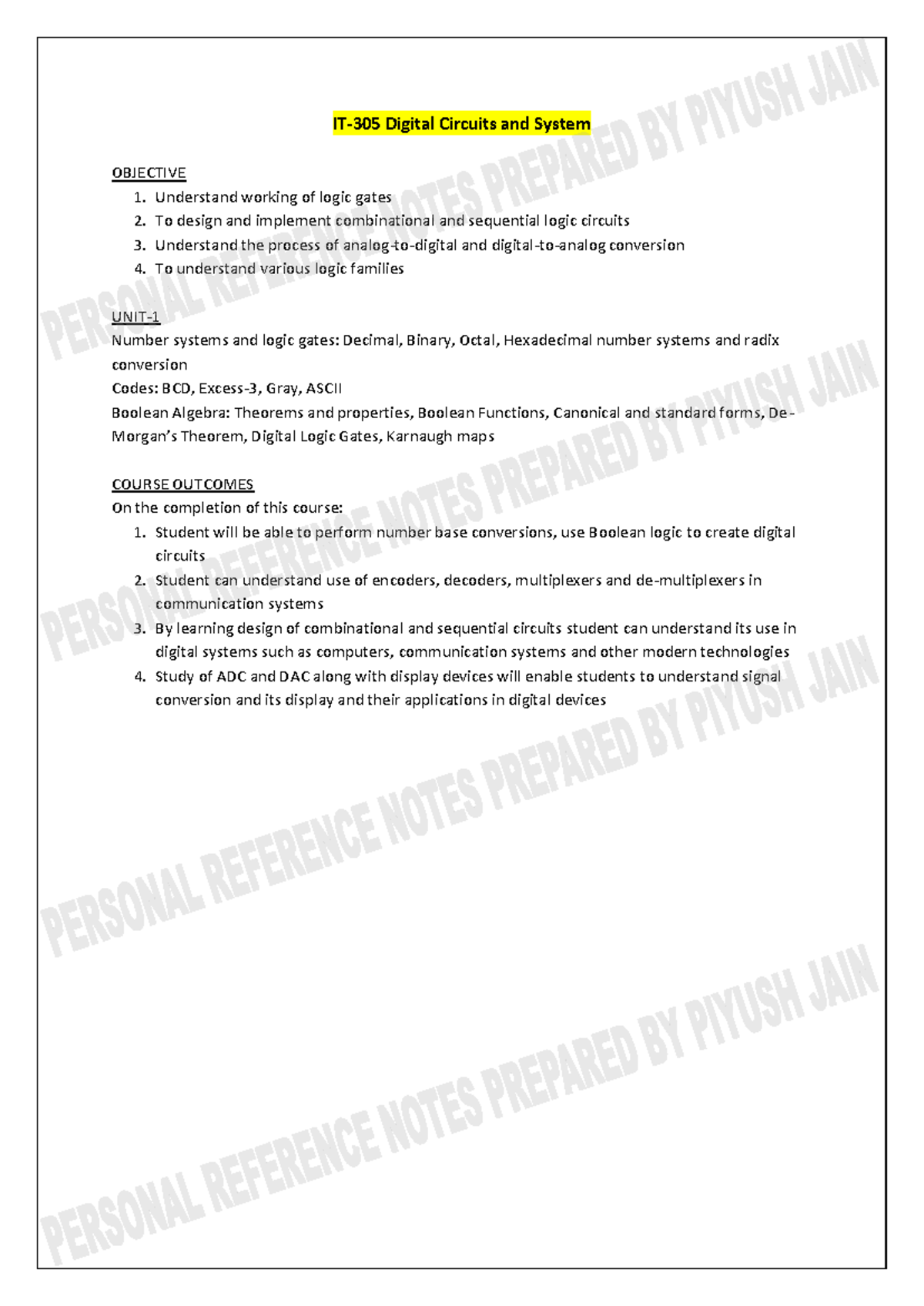 IT-305 DCS Unit-1 - Theory Notes-1 - IT-305 Digital Circuits and System ...