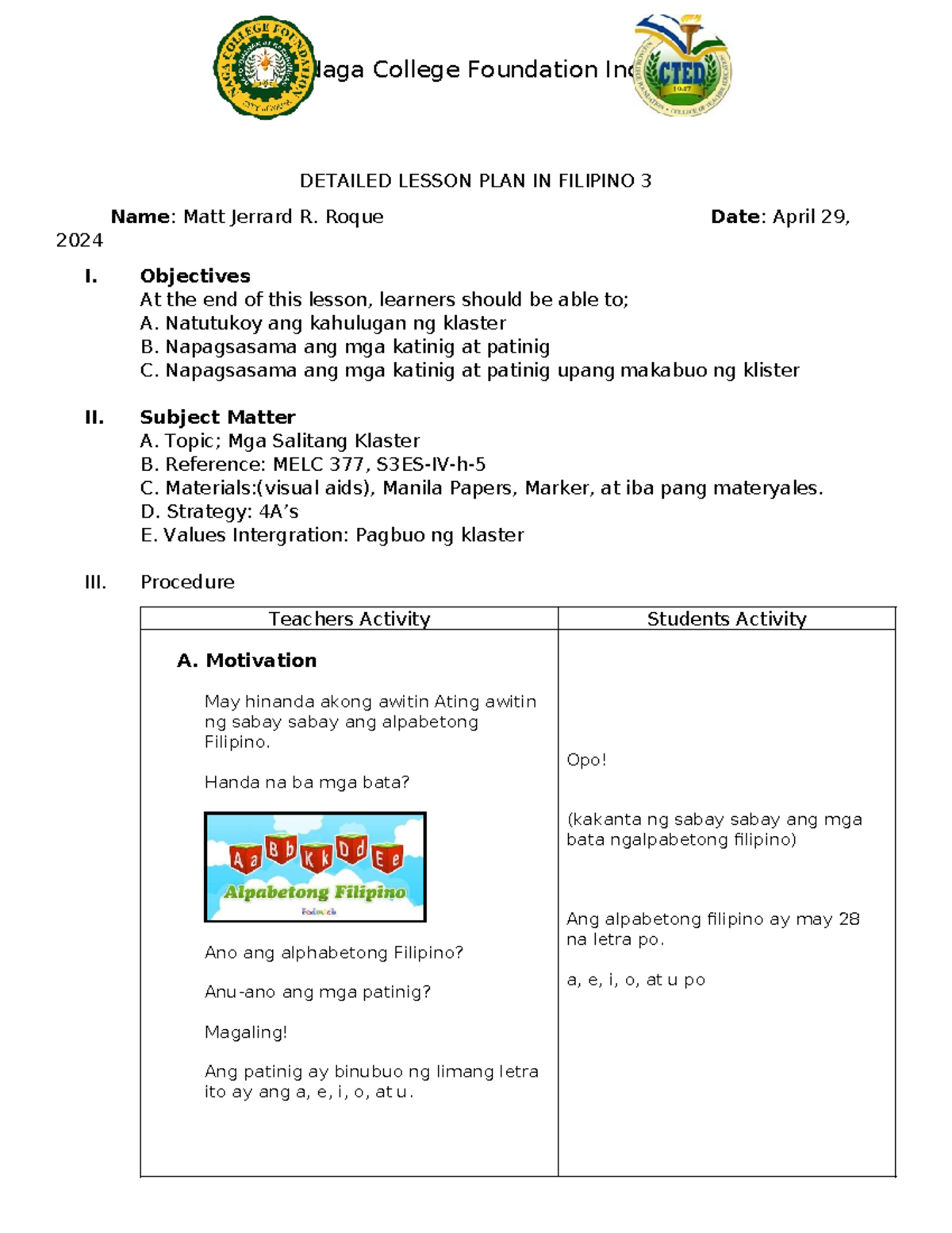 Final demo ( Filipino) - Hahah - Naga College Foundation Inc. DETAILED ...