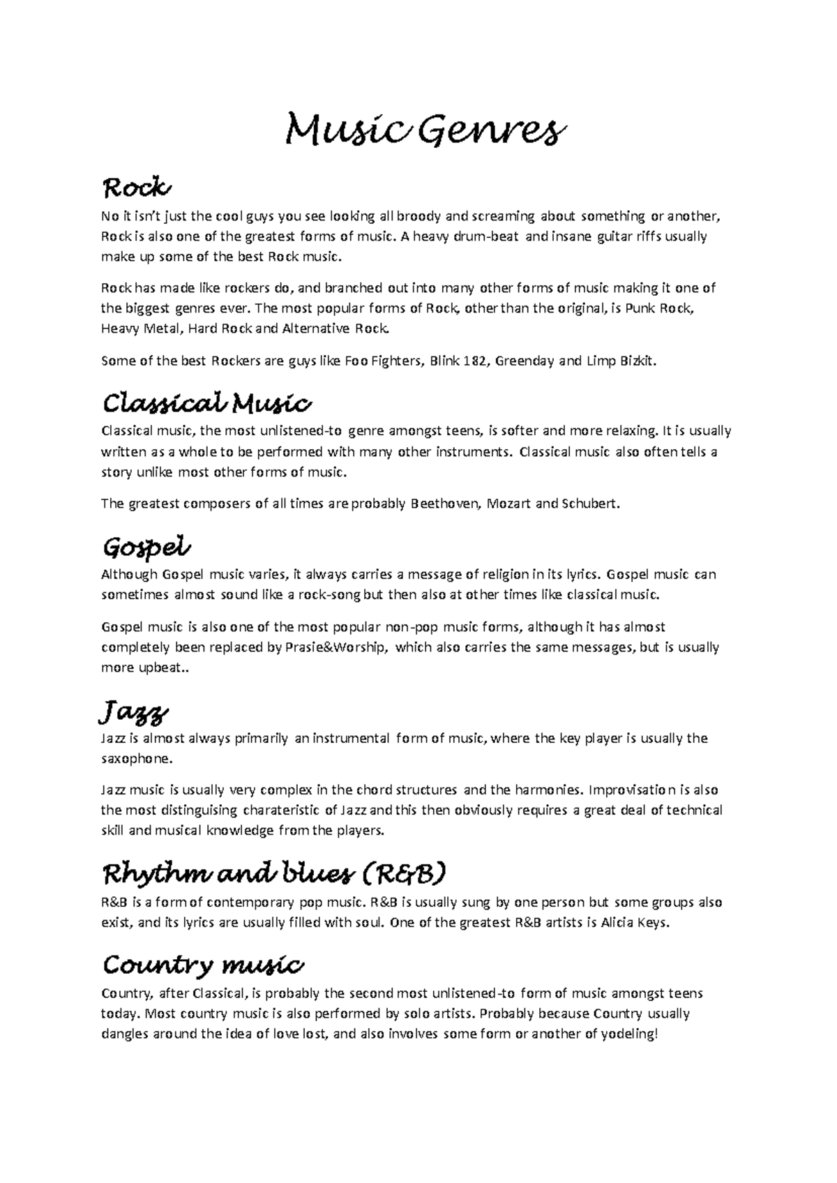 Music Genres 2 - CAT - Music Genres Rock No it isn’t just the cool guys ...