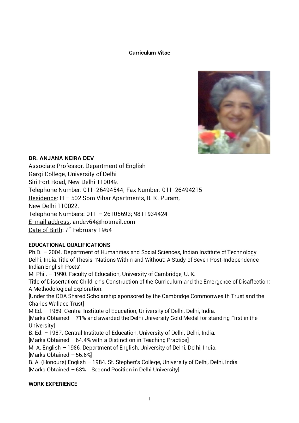 CV - Anjana Neira Dev - Njsjwnwmwnw - Curriculum Vitae DR. ANJANA NEIRA DEV Associate Professor ...