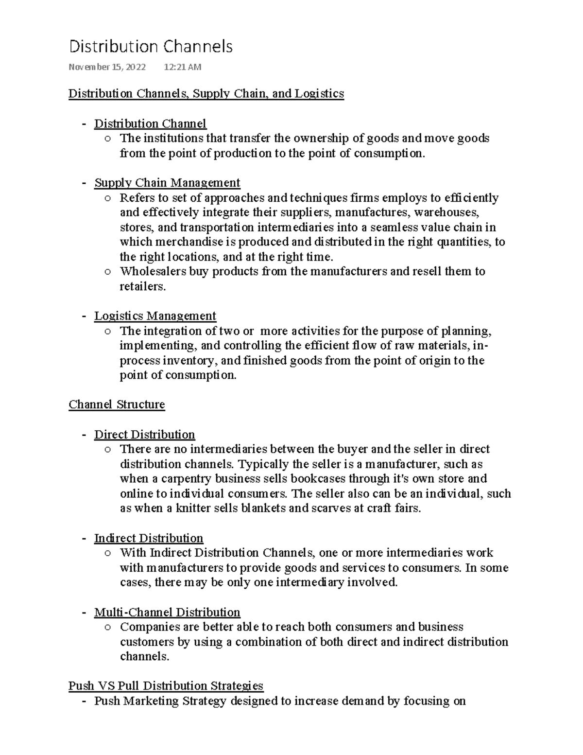 Marketing Chapter 12 - Distribution Channels, Supply Chain, and ...