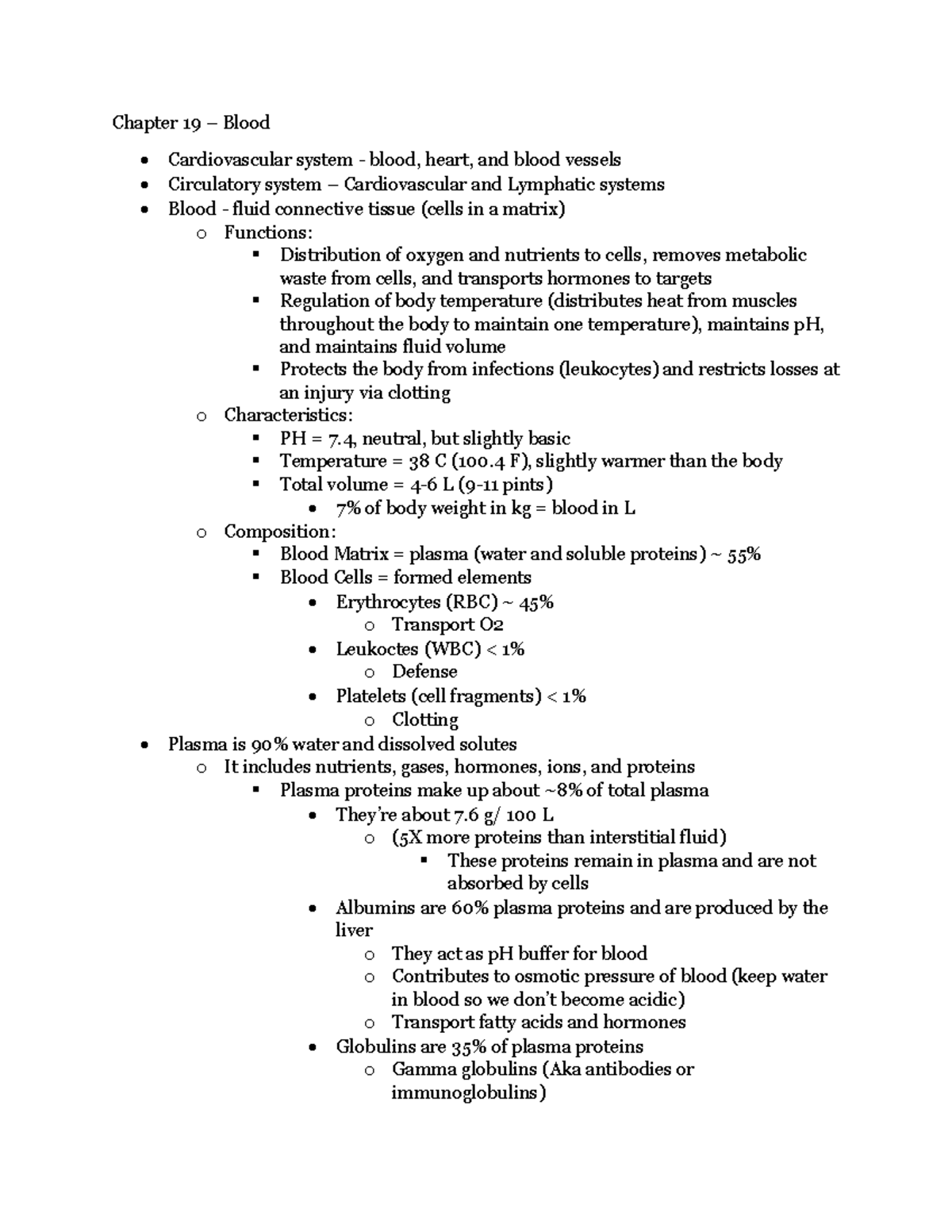 Chapters 19-22 exam one - Chapter 19 – Blood Cardiovascular system ...