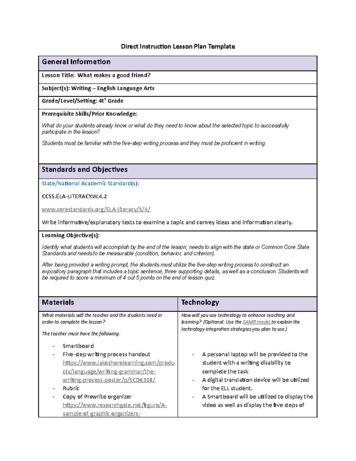 C365 task 1 - Pass - Direct Instruction Lesson Plan Template General Information Lesson Title ...