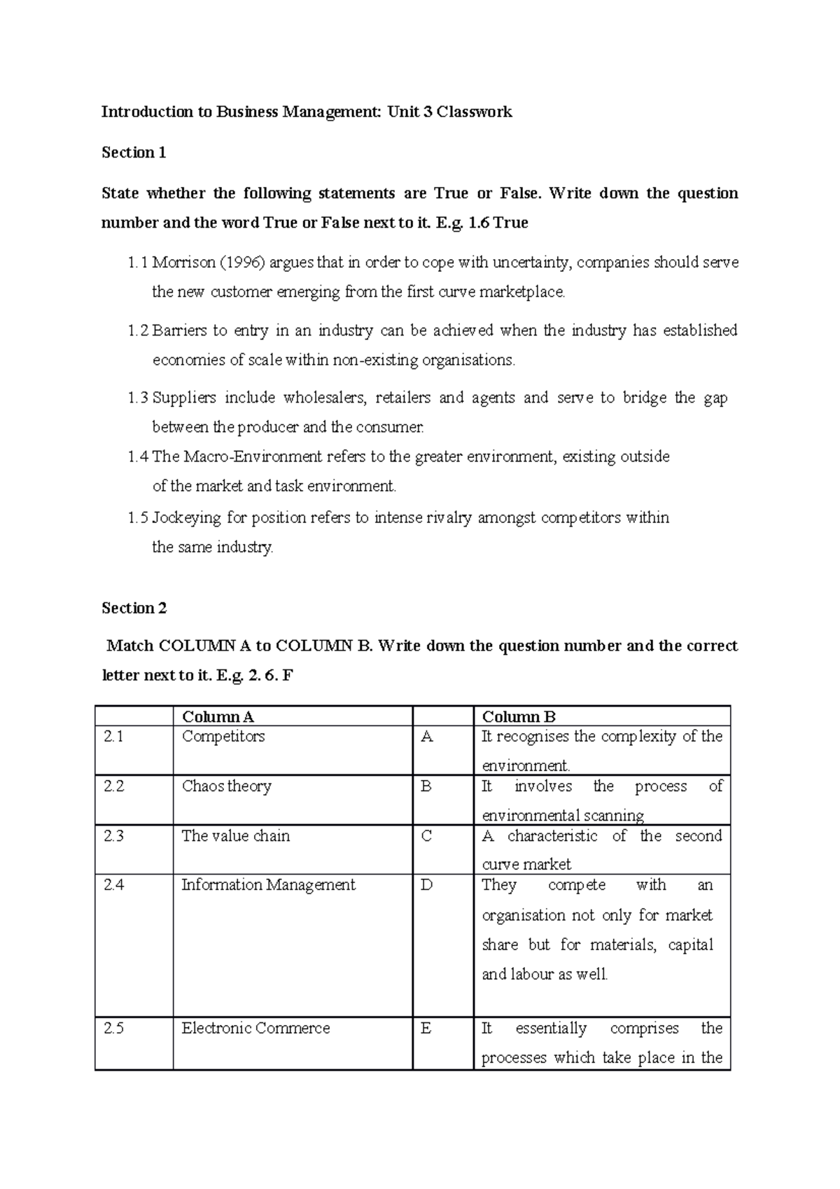 Intro to BMG classwork unit 3 questions - Introduction to Business ...