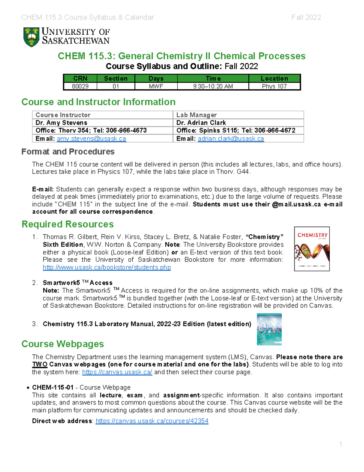 2022-2023 T1 CHEM115 Syllabus Final-1 - CHEM 115: General Chemistry II Chemical Processes Course ...