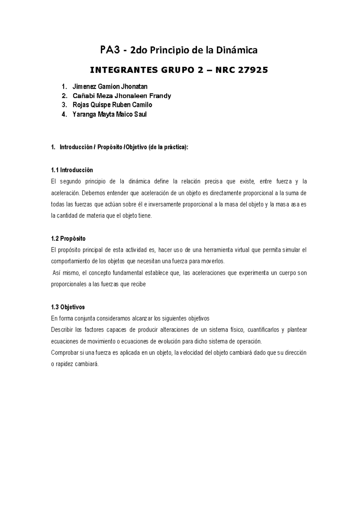 PA3 - Grupo 2 - Fisica 1 - 2do principio de la dinamica - PA3 - 2do Principio de la Dinámica ...
