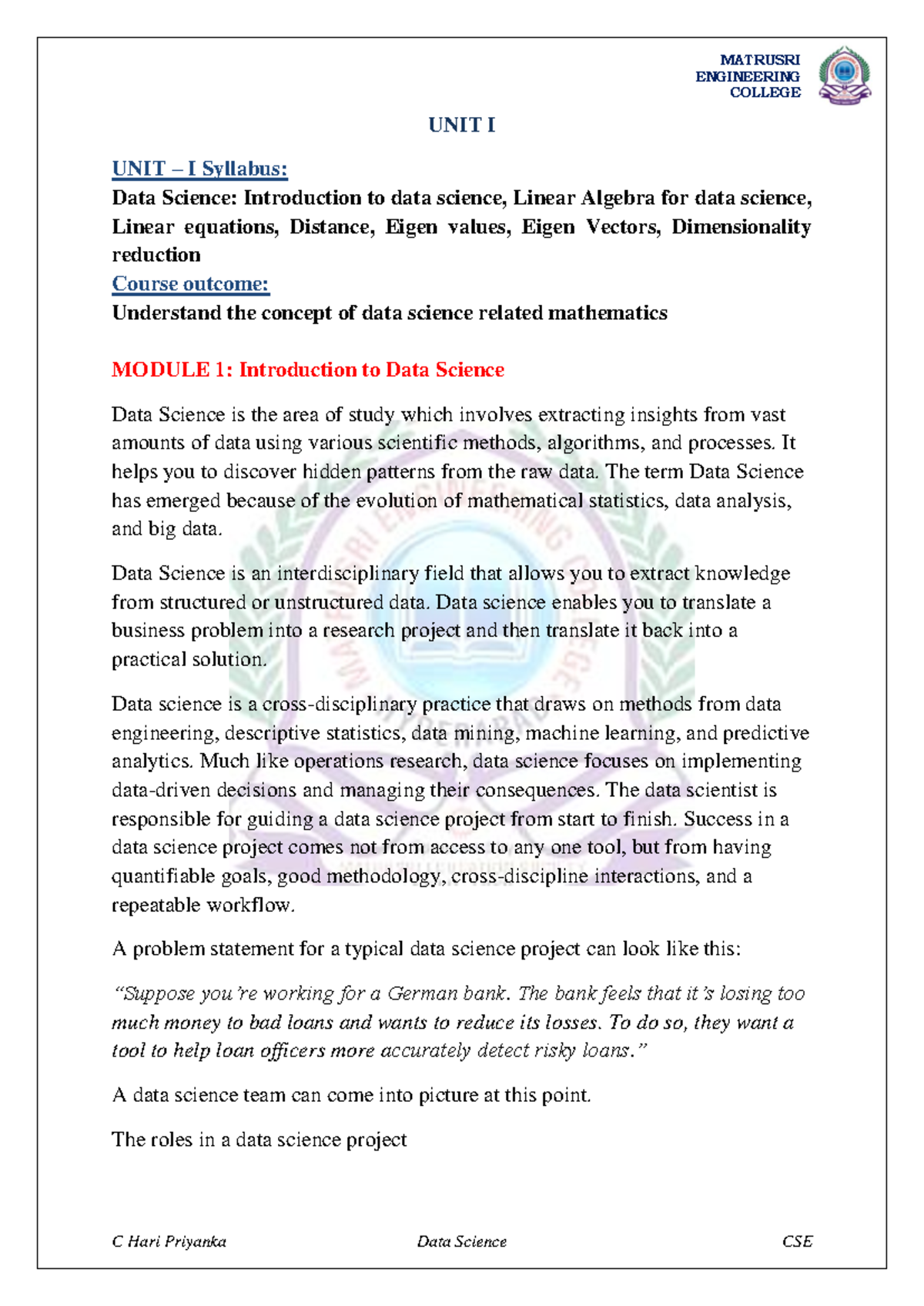 Unit I - even this is assign - ENGINEERING COLLEGE UNIT I UNIT – I ...