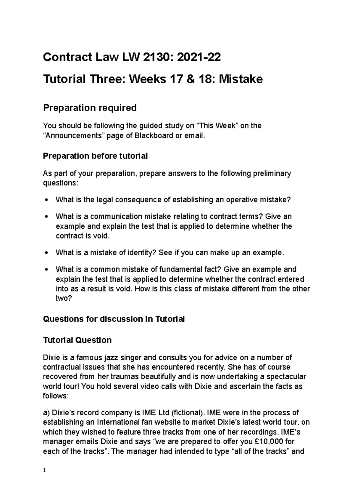 Tutorial 3 - Contract Law LW 2130: 2021- Tutorial Three: Weeks 17 & 18: Mistake Preparation ...