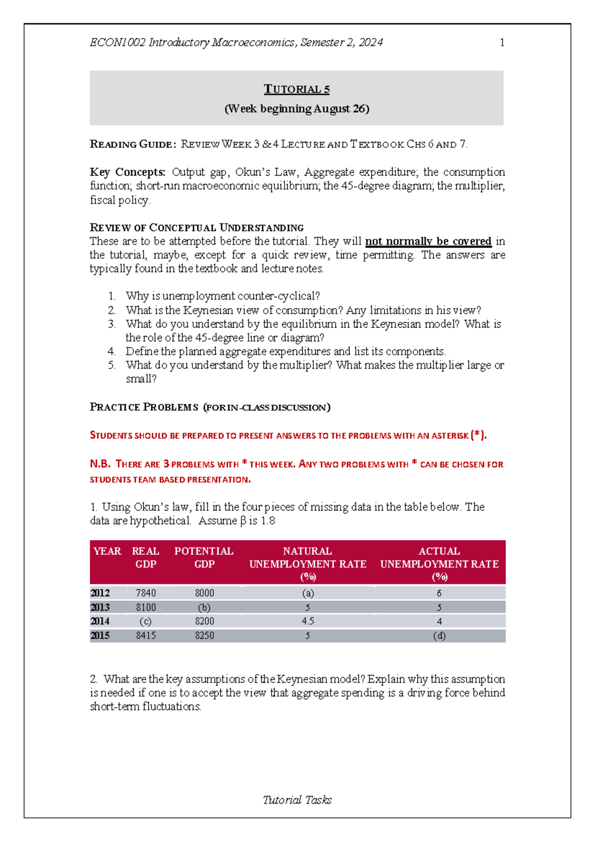 Tutorial Week 5 - Introduction to Macroeconomics - ECON1002 Introductory Macroeconomics ...