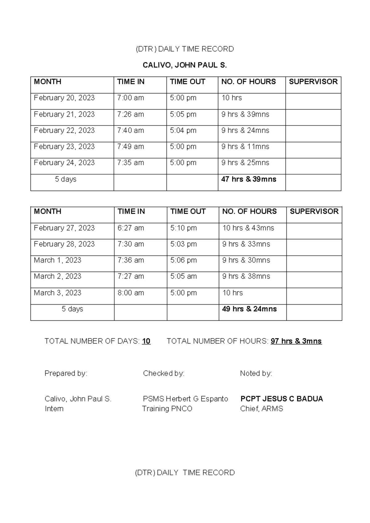 DTR-2nd-Batch - Kfpycydtdto - (DTR) DAILY TIME RECORD CALIVO, JOHN PAUL S. MONTH TIME IN TIME ...